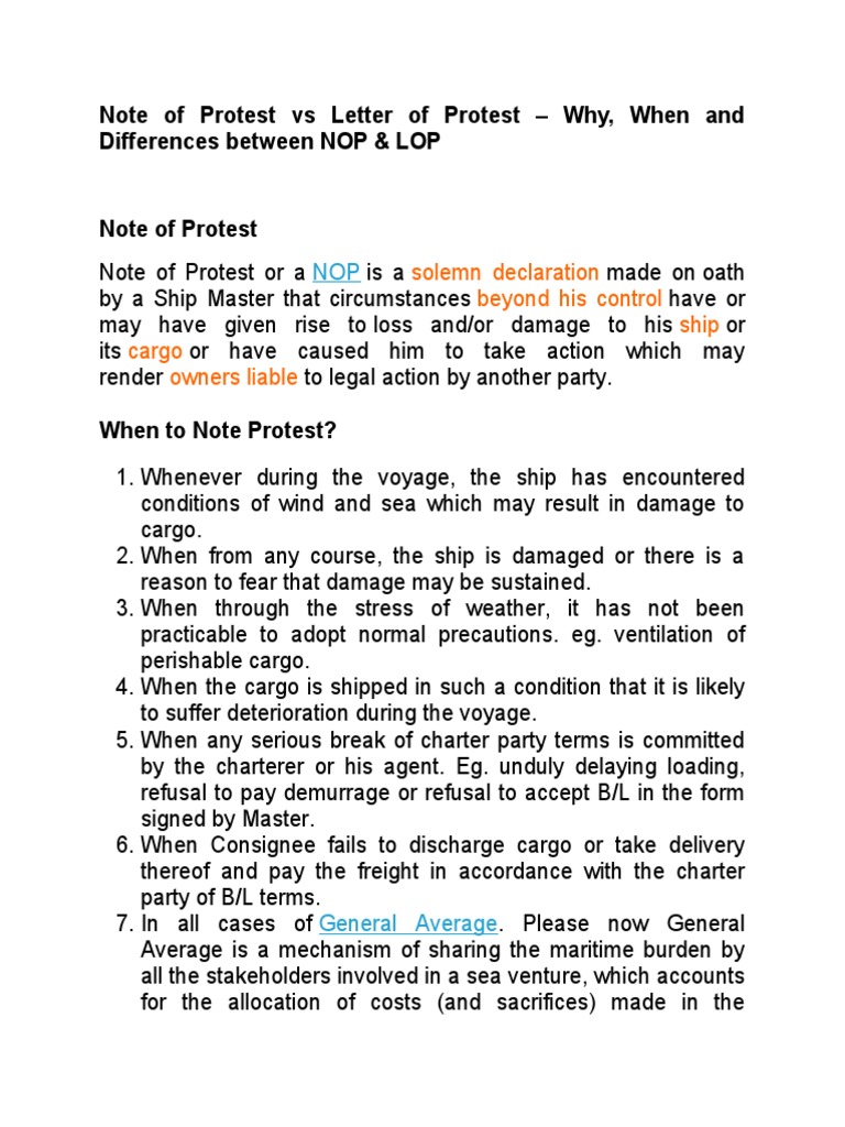 Note of Protest Vs Letter of Protest | PDF | Cargo | Ships