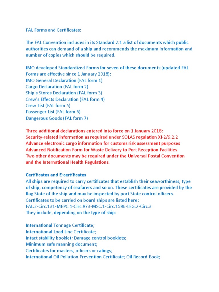 FAL Forms and Certificates | PDF | Ships | Cargo