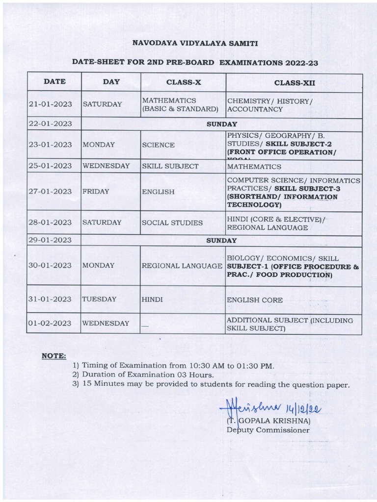 2nd Pre-Board TIMETABLE 2022-23 | PDF
