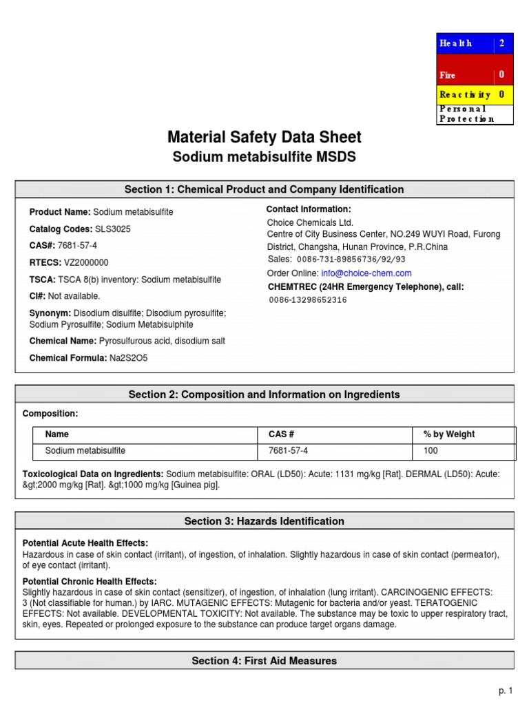Sodium Metabisulfite MSDS Overview | PDF | Toxicity | Water