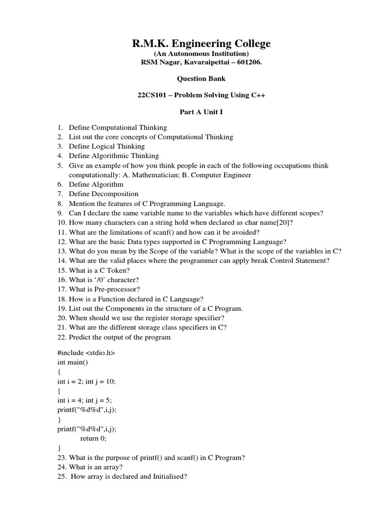 Question Bank Unit I and II | PDF | Subroutine | Pointer (Computer ...