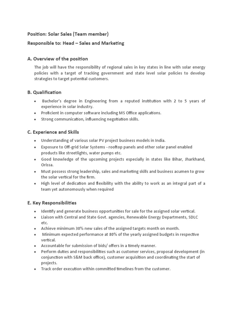 Solar Sales-Job Description | PDF | Solar Energy | Sales