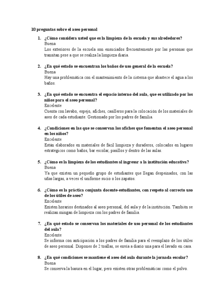 10 Preguntas Sobre El Aseo Personal | PDF