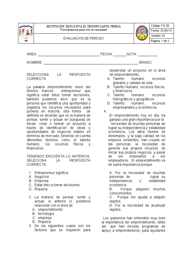 Evaluacion Emprendimiento Pdf Iniciativa Empresarial Marketing