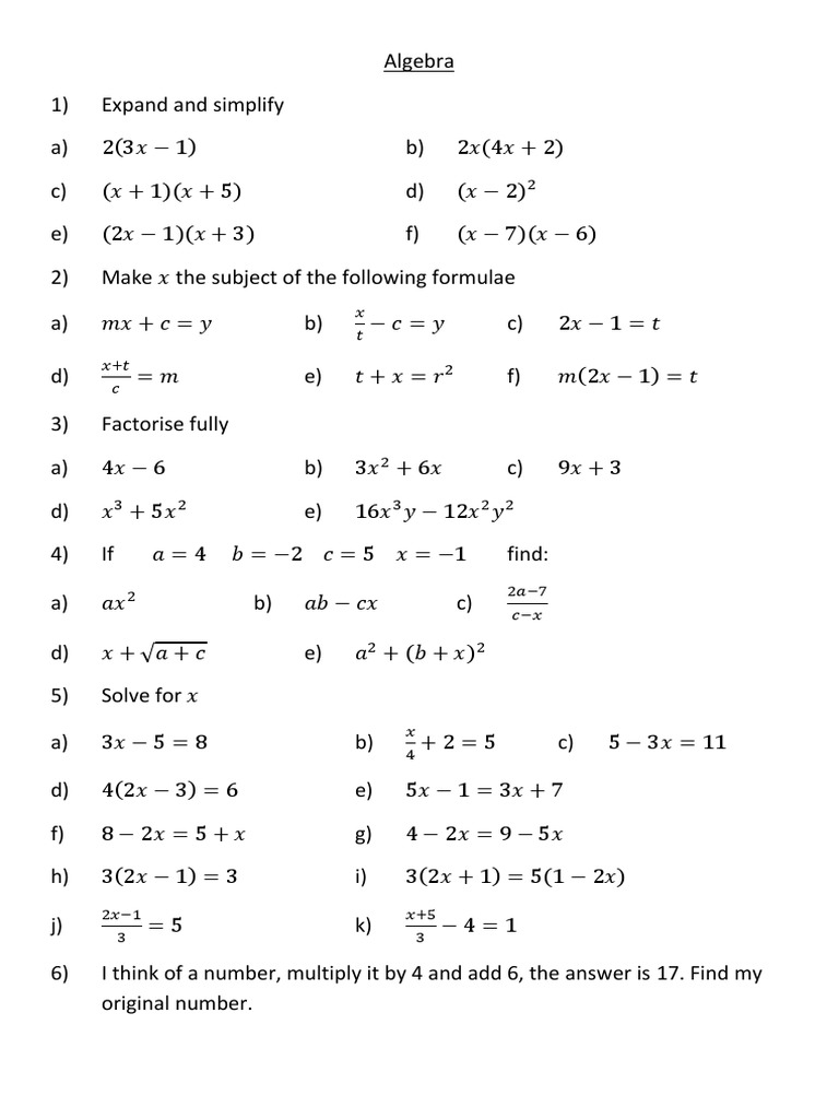 Y8 Skills Sheet 4 Algebra Brackets and Formulae | Download Free PDF ...