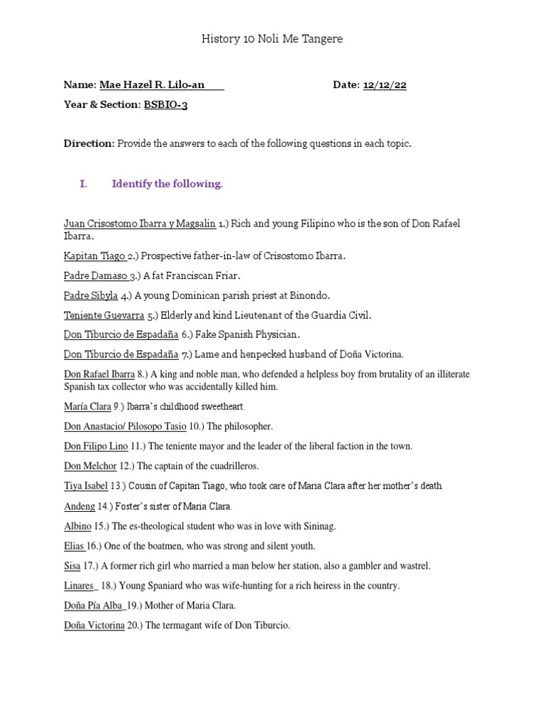 Mae Hazel Lilo-An - Noli Me Tangere - Hist 10 | PDF | Spanish Language Literature | Novels Based ...