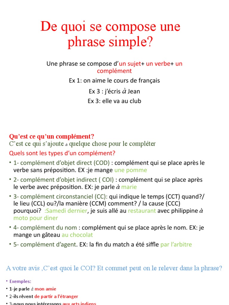 Composition d'une phrase simple | PDF | Complément d'objet | Mécanique ...