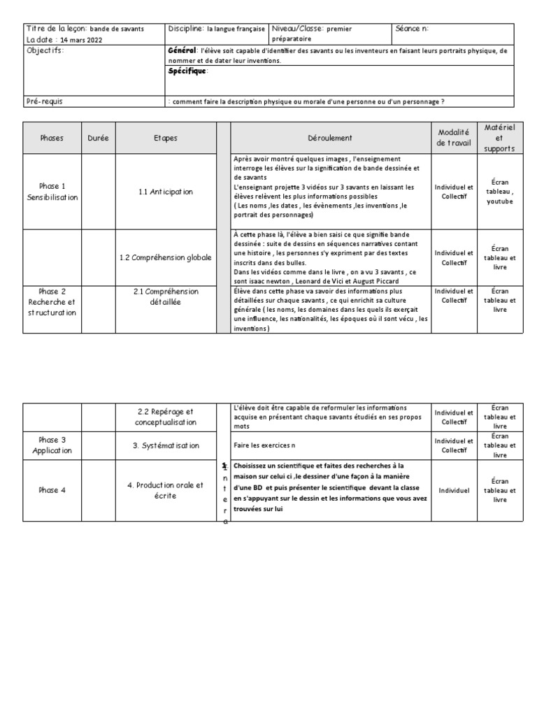 Fiche de préparation : Bande de savants | PDF