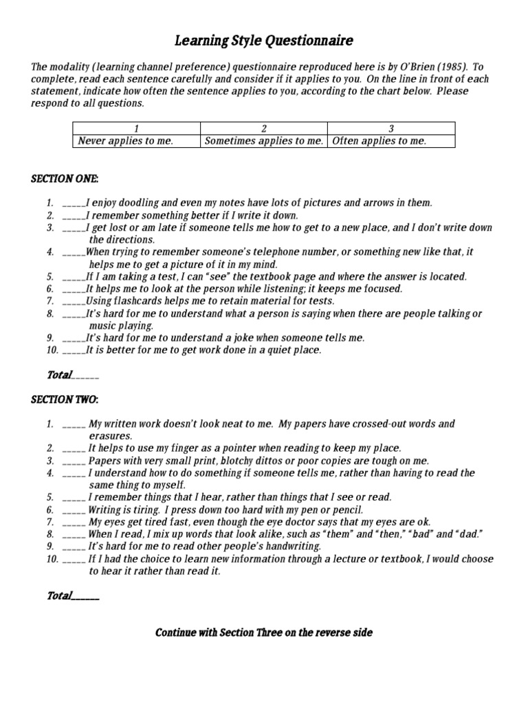 Learning Style Questionnaire | PDF | Language Arts & Discipline