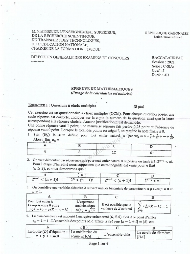 Bac Gabon Maths 2021 Series CE | PDF