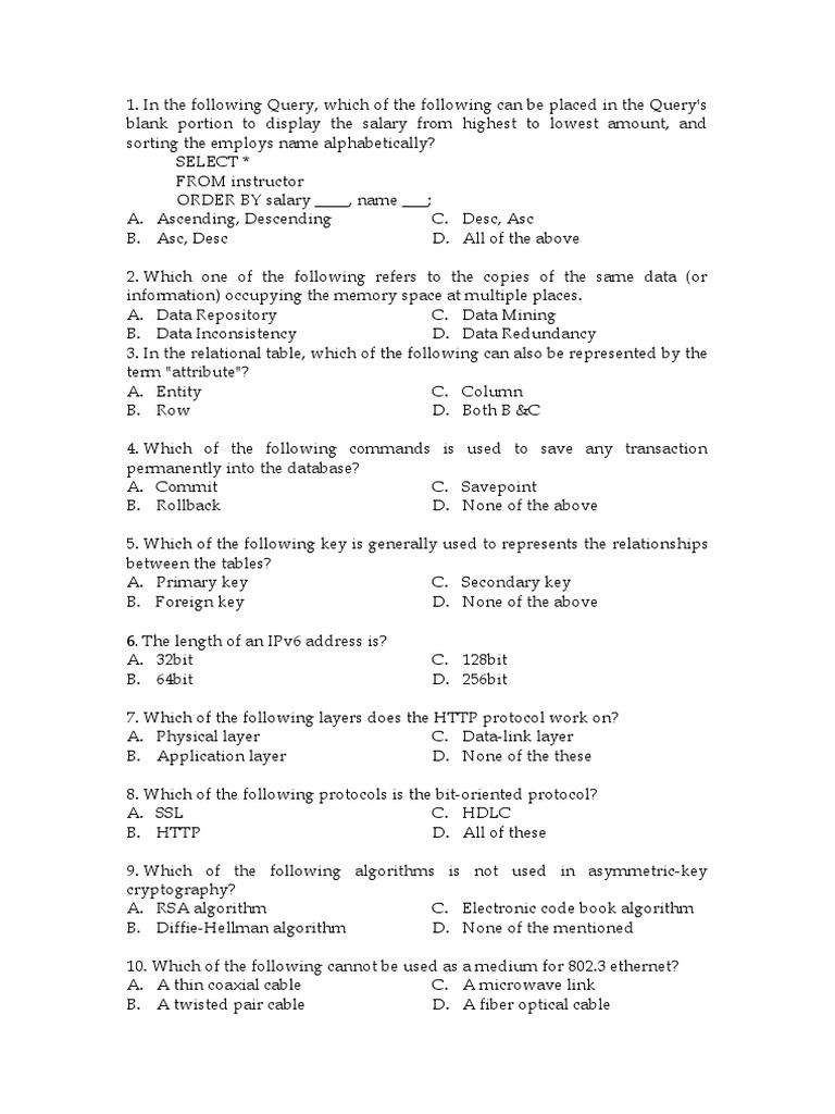 MCQ in Networks and DBMS | Download Free PDF | Array Data Structure ...