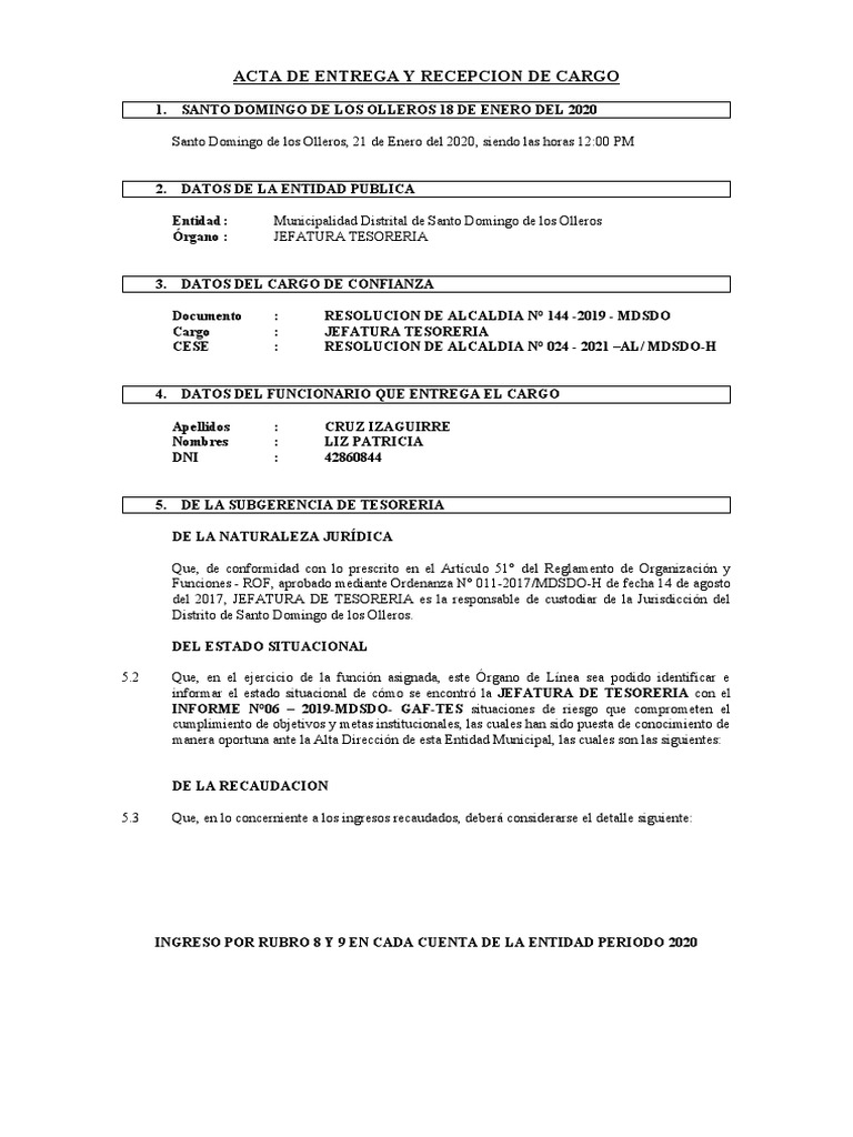ACTA DE ENTREGA Y RECEPCION DE CARGO - Docx ENERO 2021 | PDF | Diseño de comunicacion | Diseño