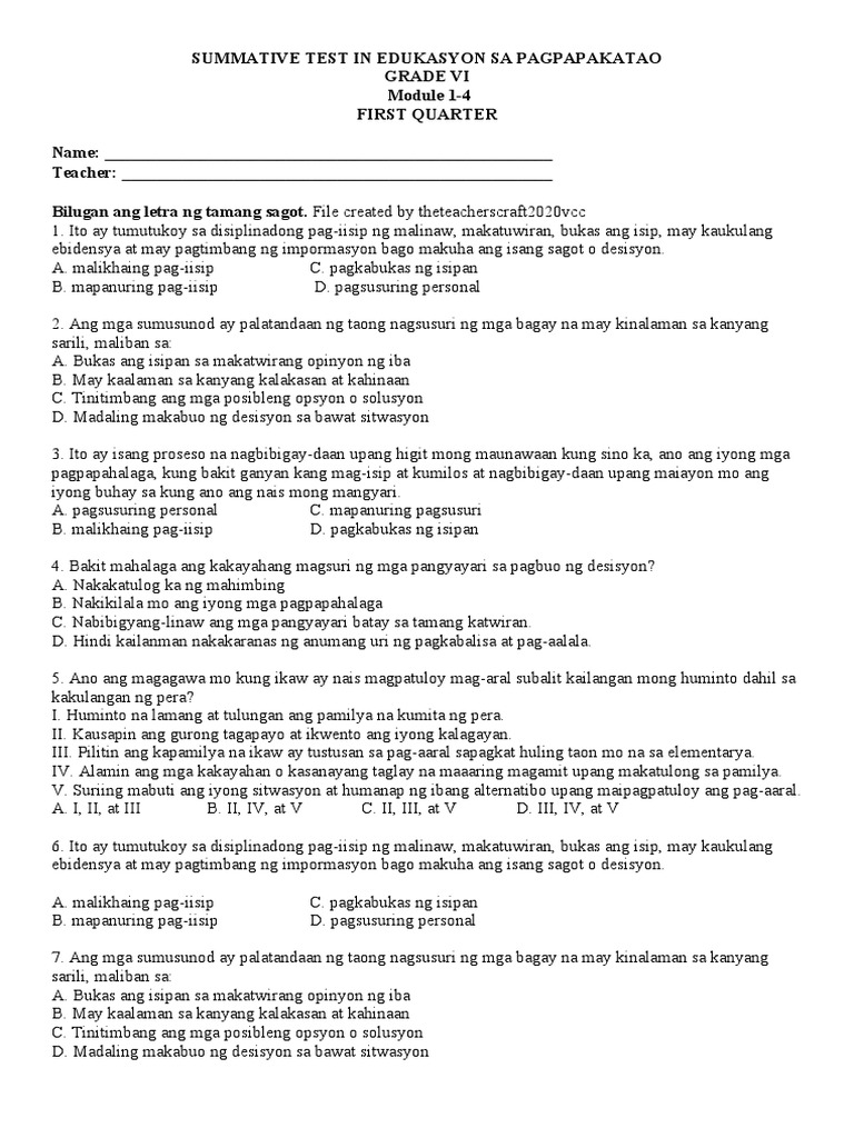 Summative Test in Edukasyon Sa Pagpapakatao | PDF