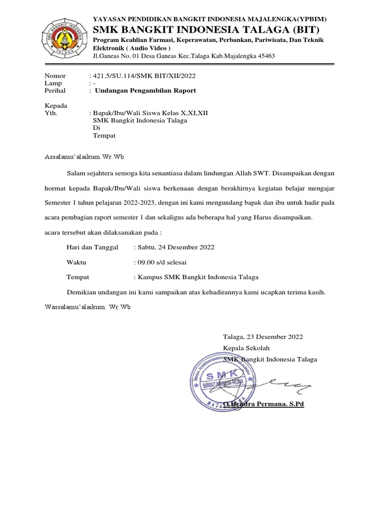 Surat Pembagian Raport 2022 | PDF