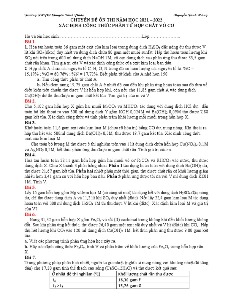 Chuyên đề 6 - Xác định CTPT hợp chất vô cơ | PDF