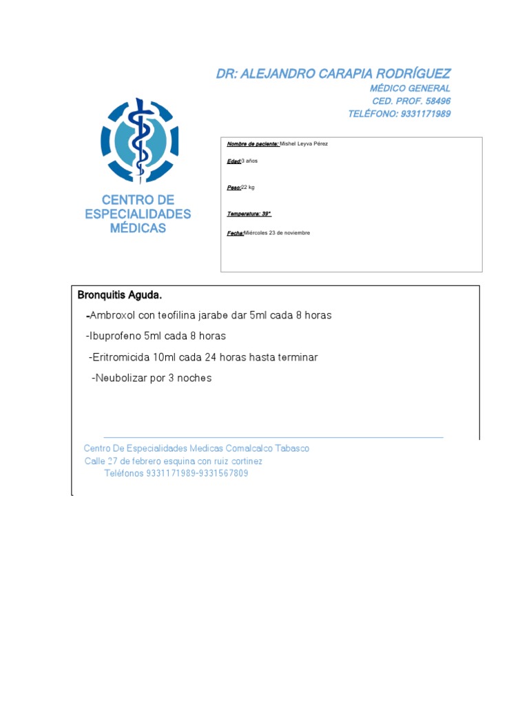 Receta Médica para Bronquitis Aguda | PDF
