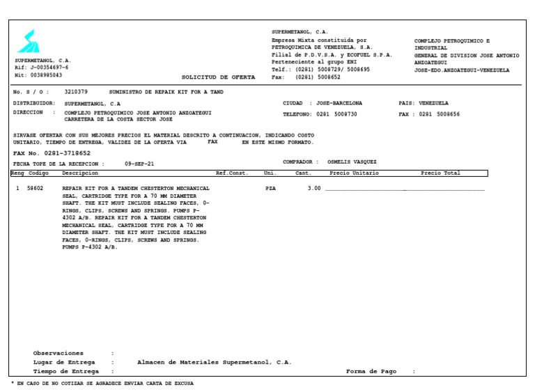 Solicitud de Oferta: Supermetanol, C.A | PDF | Tecnología