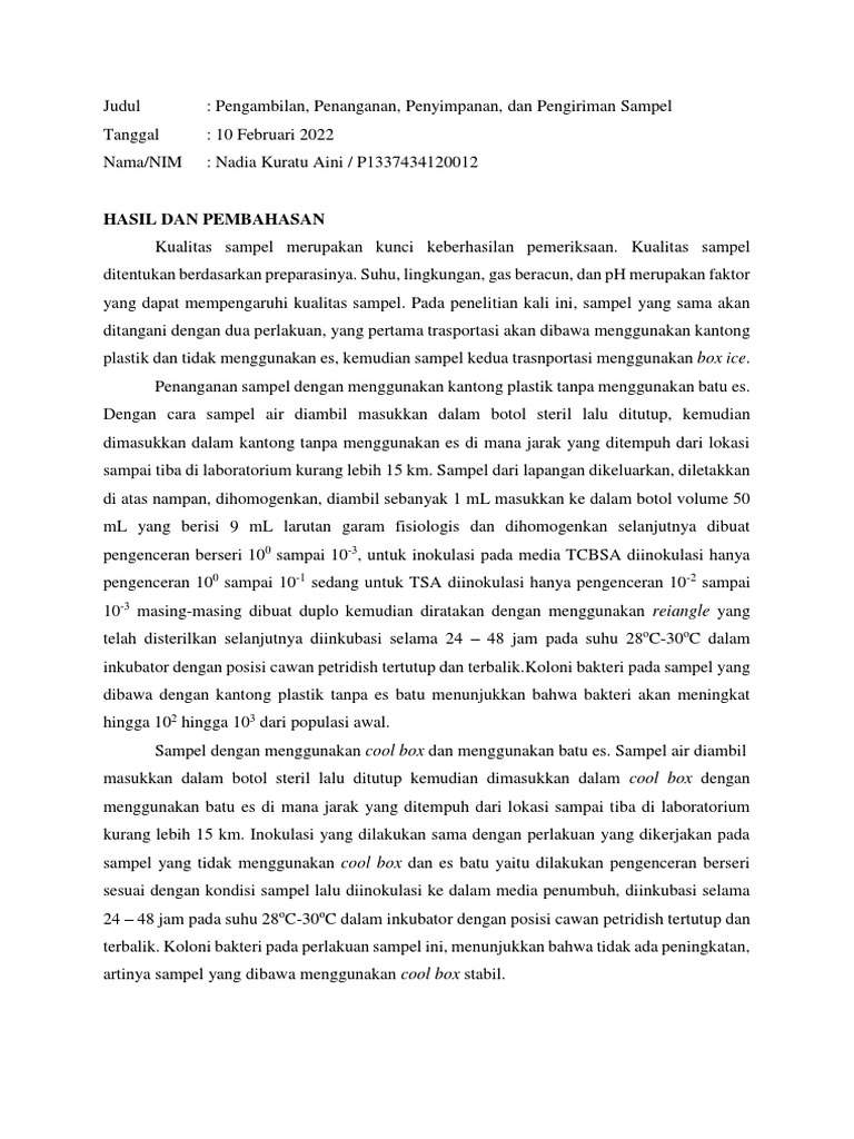 Laprak Pert 3 Pengambilan, Penanganan, Penyimpanan, Dan Pengiriman Sampel | PDF