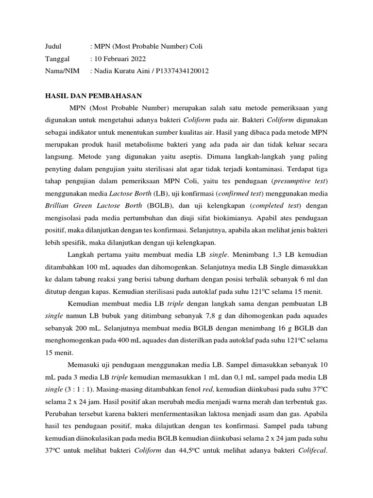 Laprak Pert 4 MPN Coli | PDF
