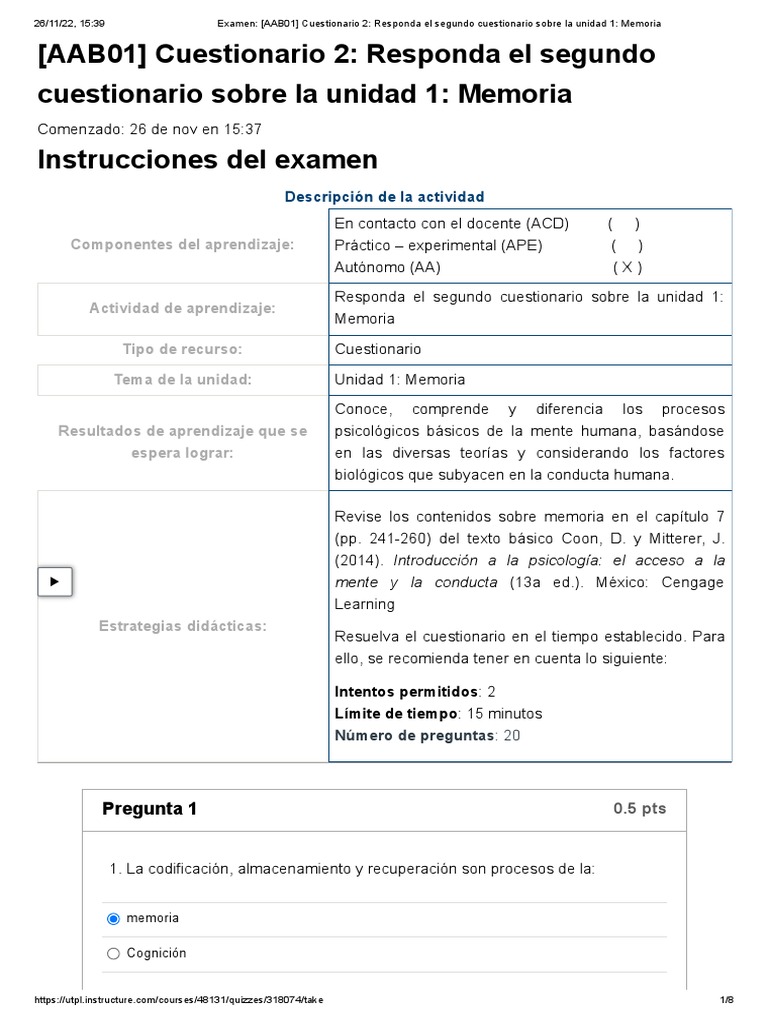 Examen - (AAB01) Cuestionario 2 - Responda El Segundo Cuestionario Sobre La Unidad 1 - Memoria ...
