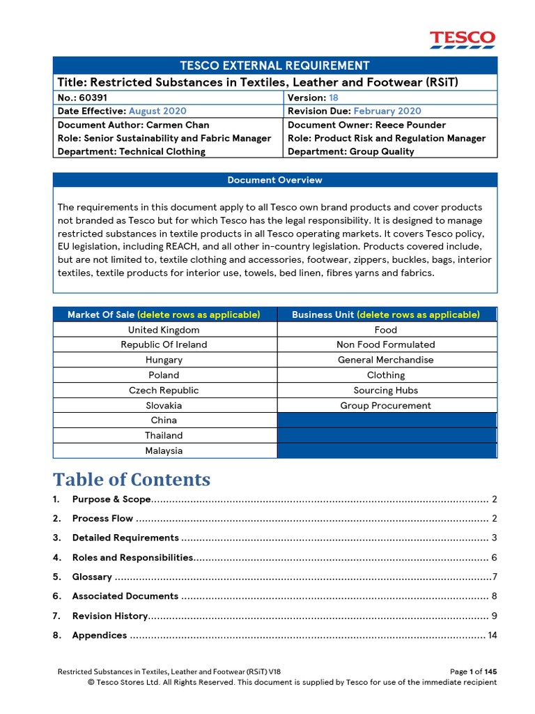 60391V18.0EN - Tesco Restricted Substances in Textiles | PDF | Supply ...