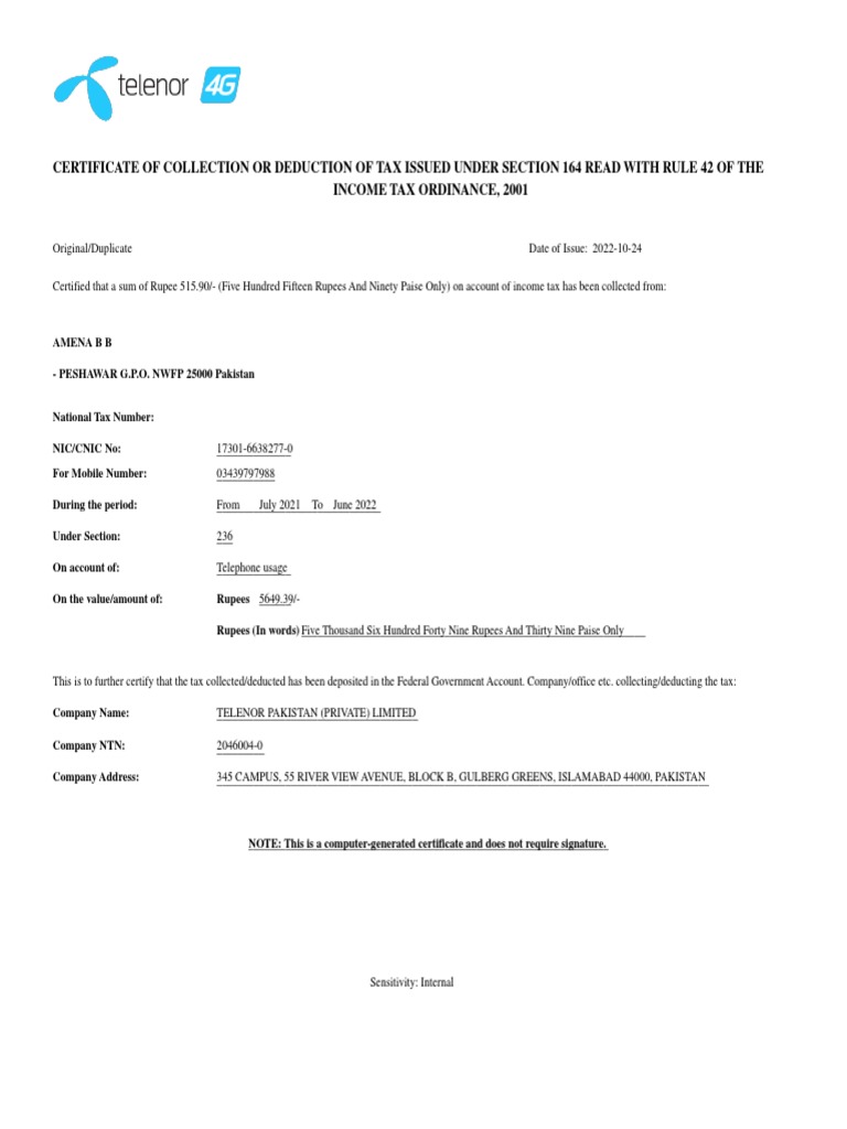 Income Tax Collection Certificate 2022 | PDF