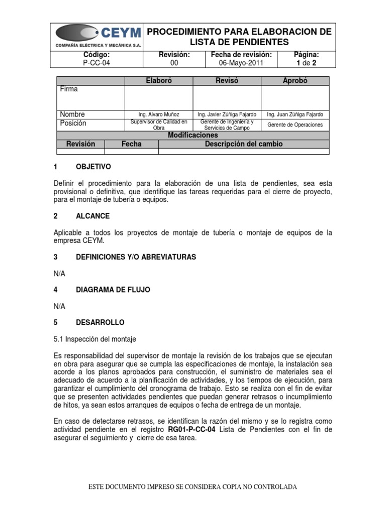 P-CC-04 Proc Elaboracion de Lista de Pendientes | PDF | Informática