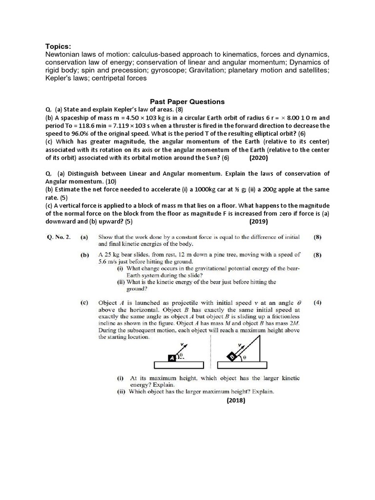 Newtonian Mechanics Past Paper Questions | PDF | Rotation Around A Fixed Axis | Orbit