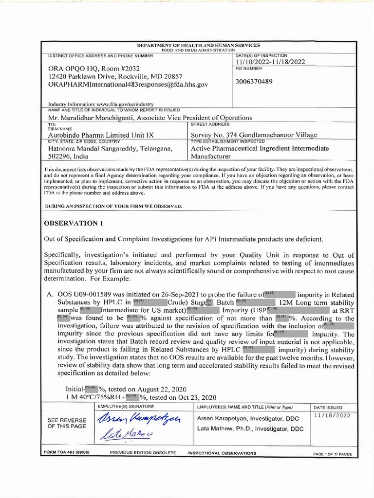 FDA 483 - Aurobindo Pharma Unit IX Telangana, India | PDF | Food And Drug Administration | Drugs