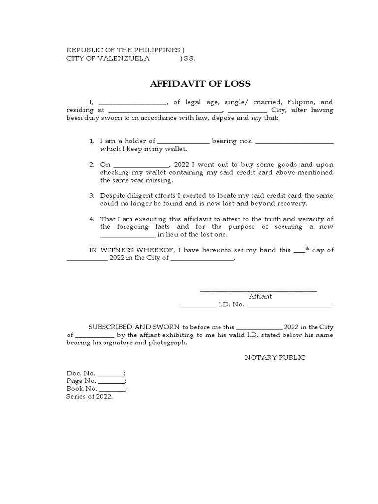Affidavit of Loss Template 2022 | PDF