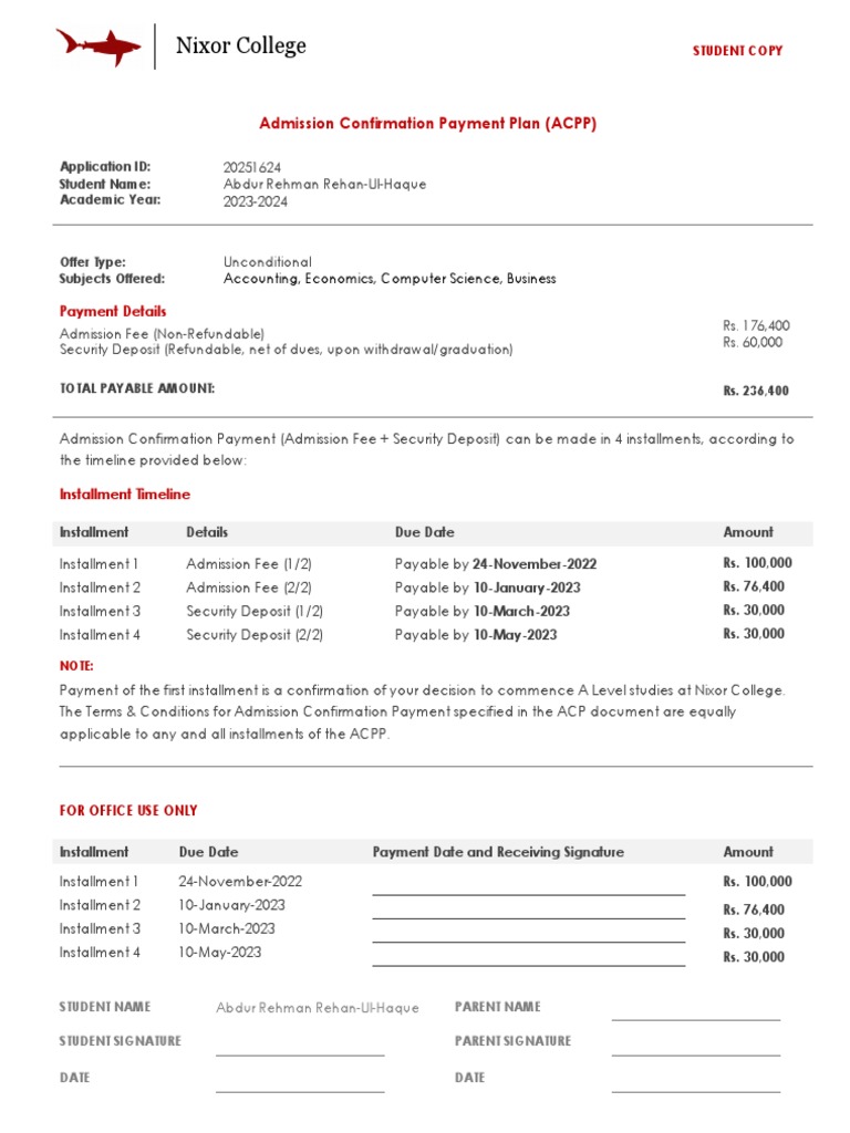 Abdur Rehman Rehan-Ul-Haque - Admission Confirmation Payment Plan | PDF ...
