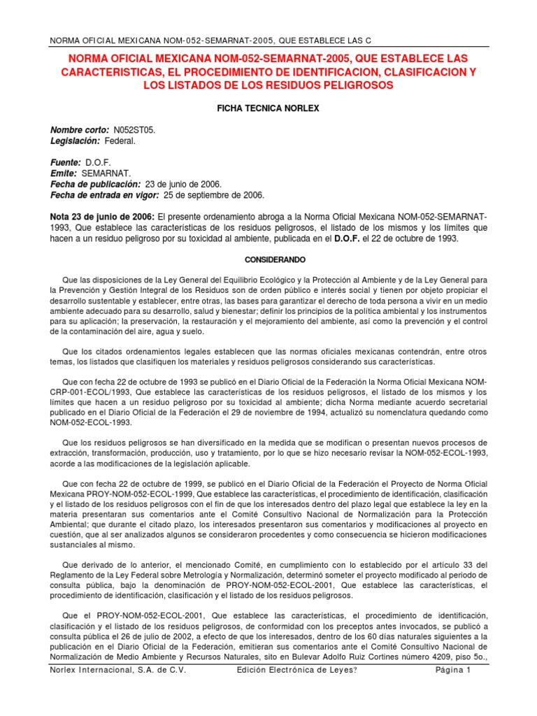 Nom 052 Semarnat 2005 | Descargar gratis PDF | Residuos | Toxicidad