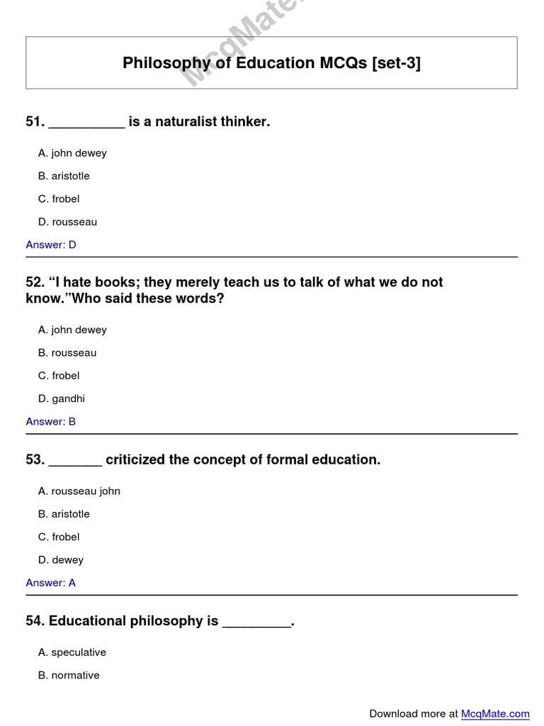 Philosophy-Of-Education Solved MCQs (Set-3) | PDF | Philosophy Of ...