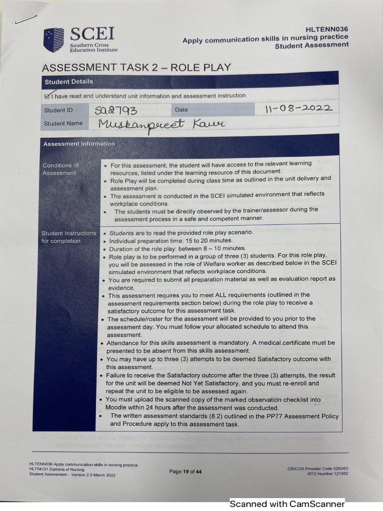 HLTENN036 Student Assessment Task 2-Role | PDF