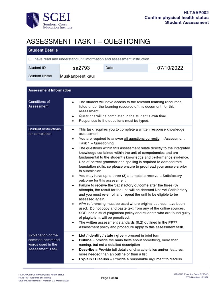 HLTAAP002 Student Assessment Task 1 - Questioning | PDF | Human Body ...
