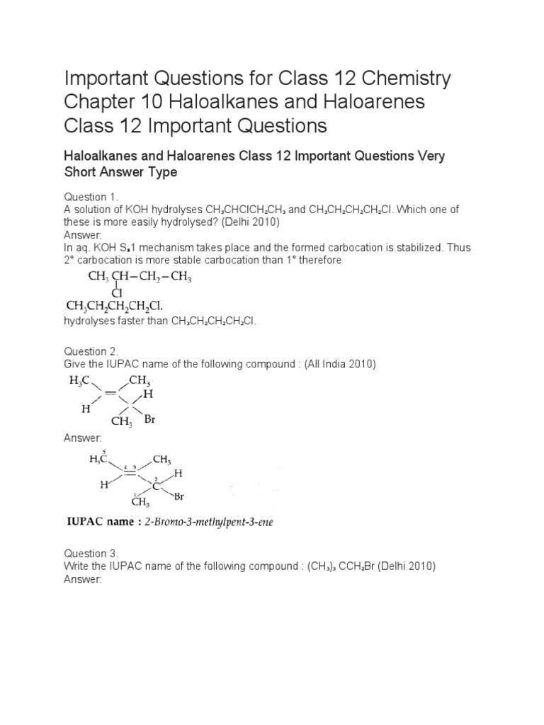 Chapter 10 Haloalkanes and Haloarenes Class 12 Important Questions | PDF | Chemical Reactions ...