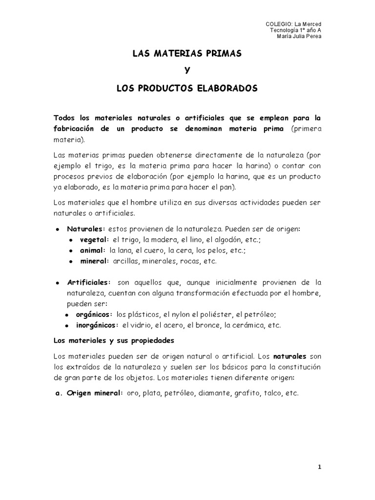 Las Materias Primas y Los Productos Elaborados | PDF | Materia prima ...