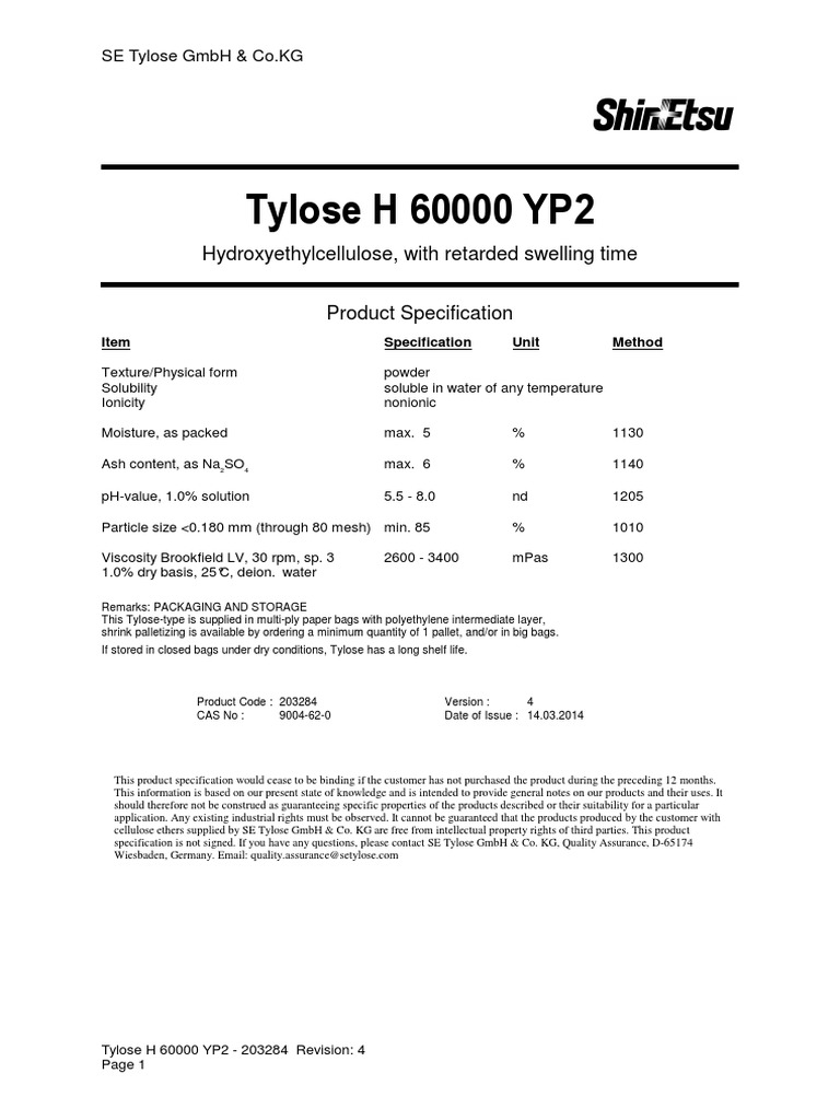 Tylose H 60000 YP2 Product Specification | PDF | Chemical Substances ...