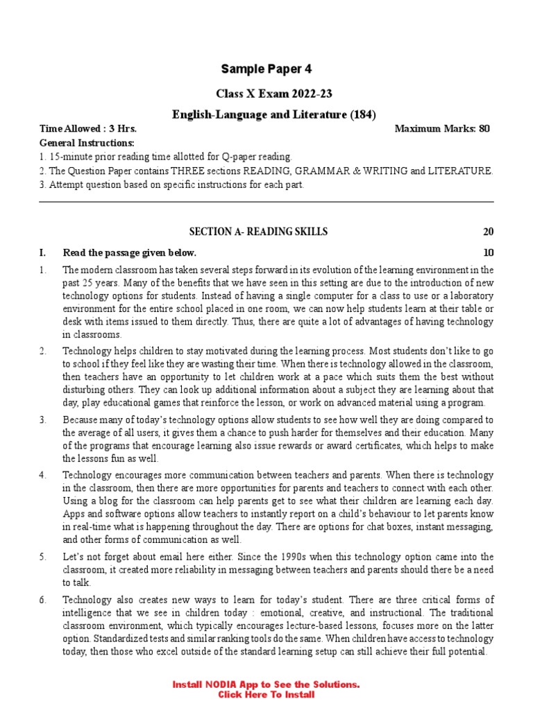 En Sample Paper 4 Unsolved-2 | PDF | Classroom | Teachers