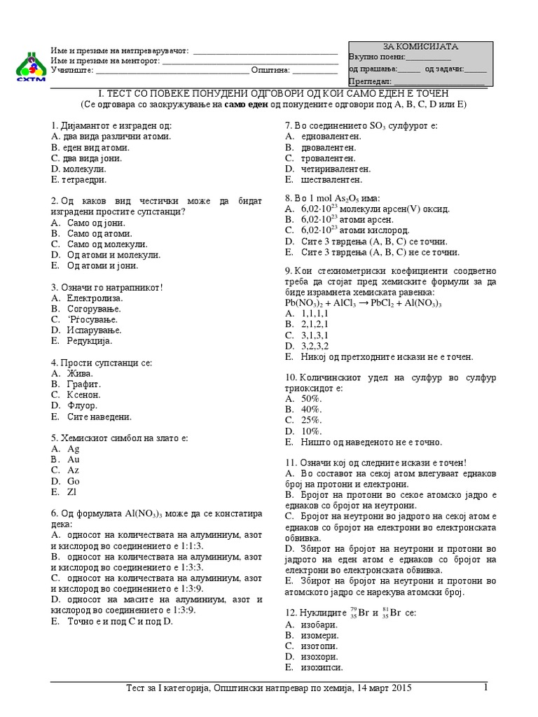 I, II, III Opstinski 2015 Testovi MK | PDF