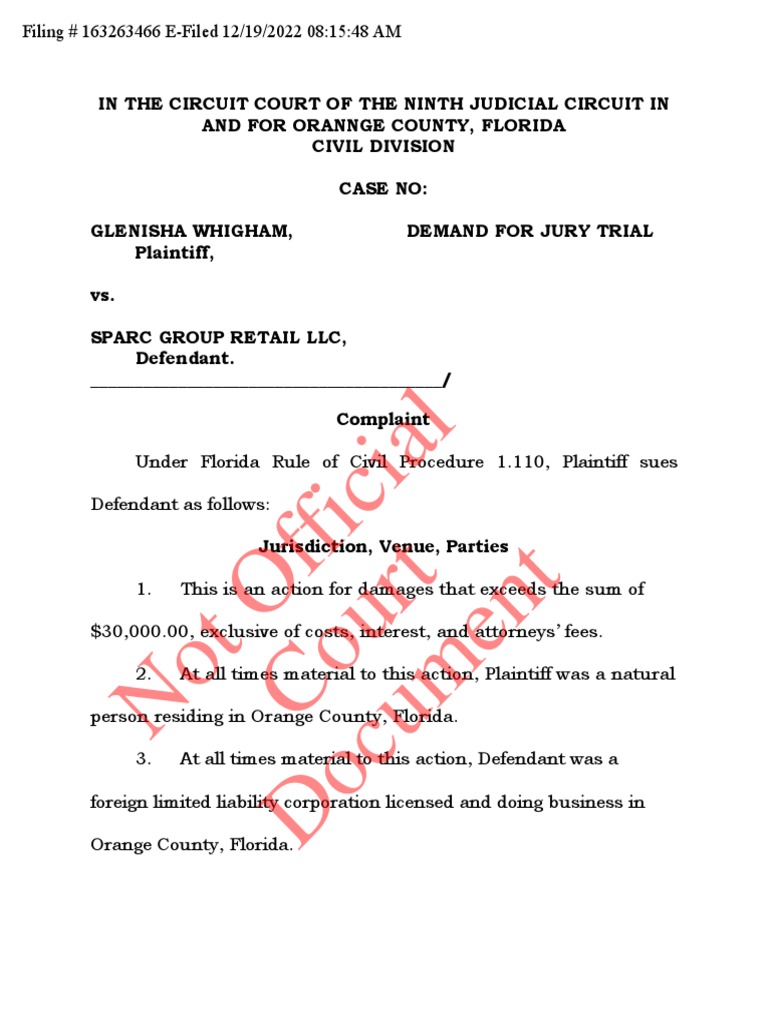 Whigham Vs Sparc Group Retail | PDF | Negligence | Virginia Circuit Court