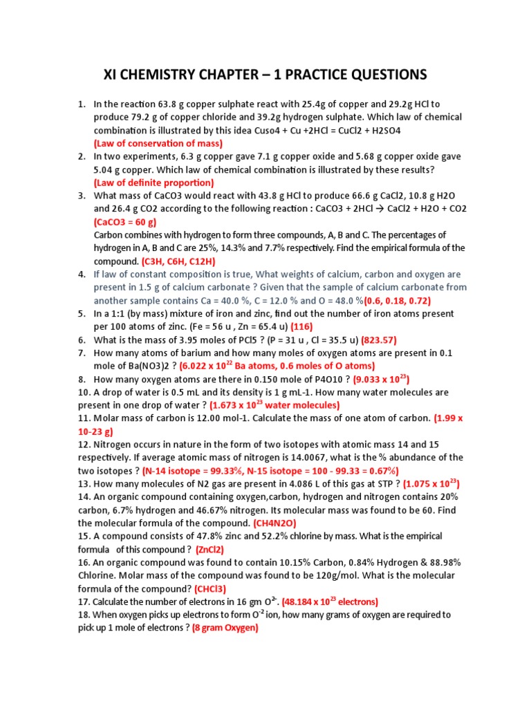 Chemistry - Chapter 1 - Solutions - Practice Questions | PDF | Mole (Unit) | Molecules