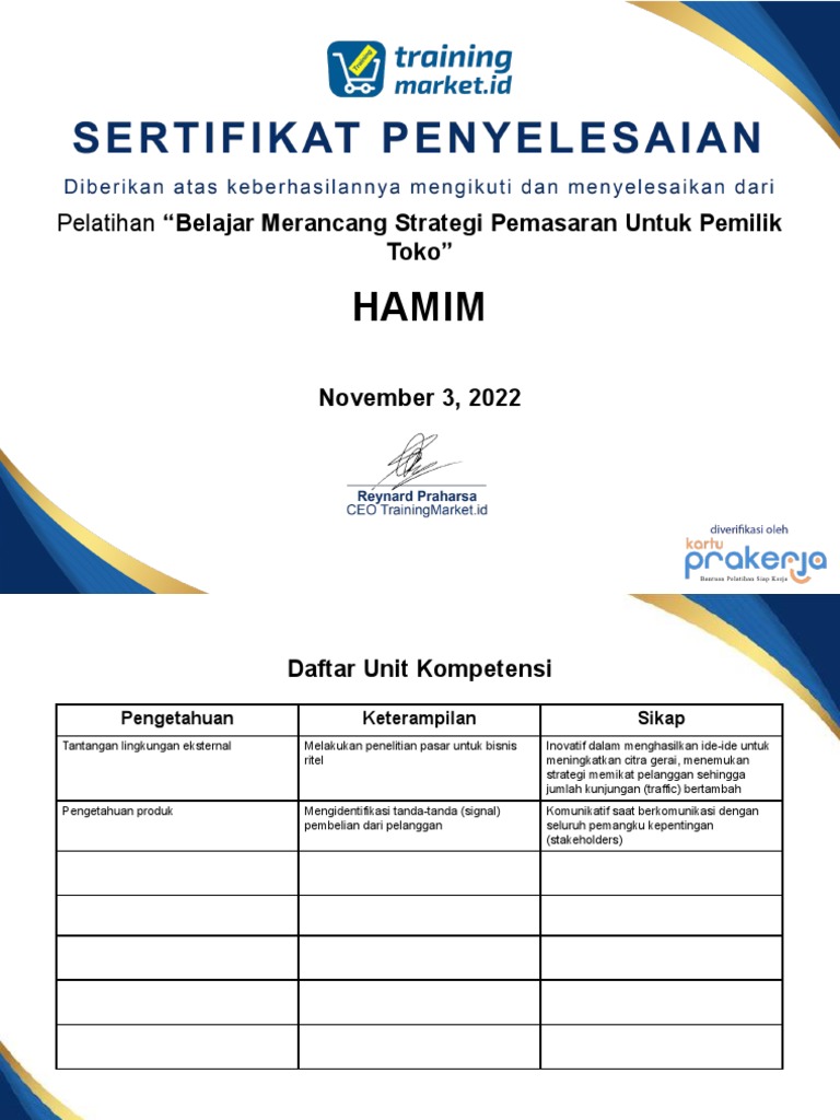 Sertifikat - Penyelesaian - HAMIM - Belajar Merancang Strategi Pemasaran Untuk Pemilik Toko | PDF