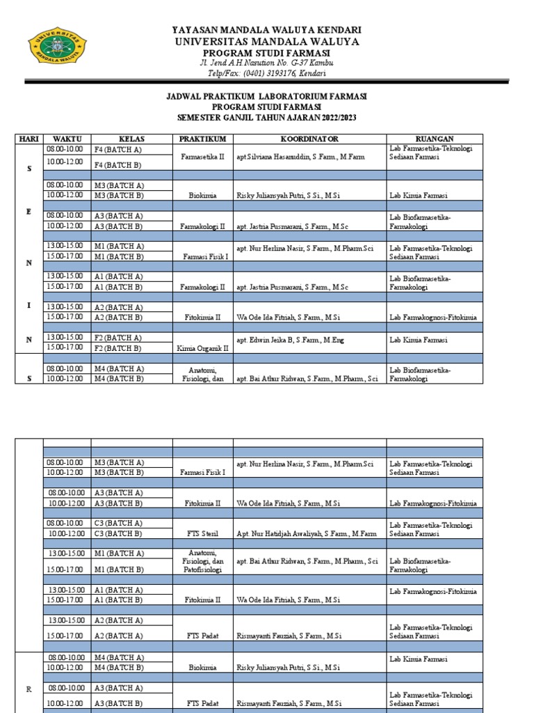 Jadwal Lab Farmasi Ganjil 2022-2023..1-1 | PDF