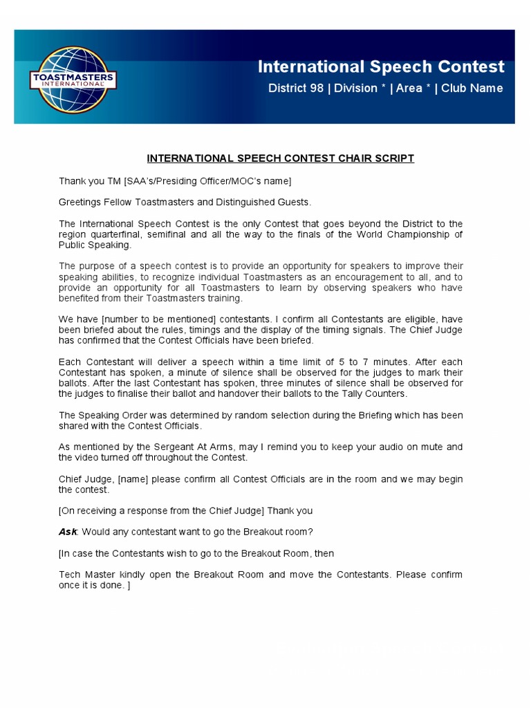 Club Level ISC Contest Chair Script | PDF | Human Communication