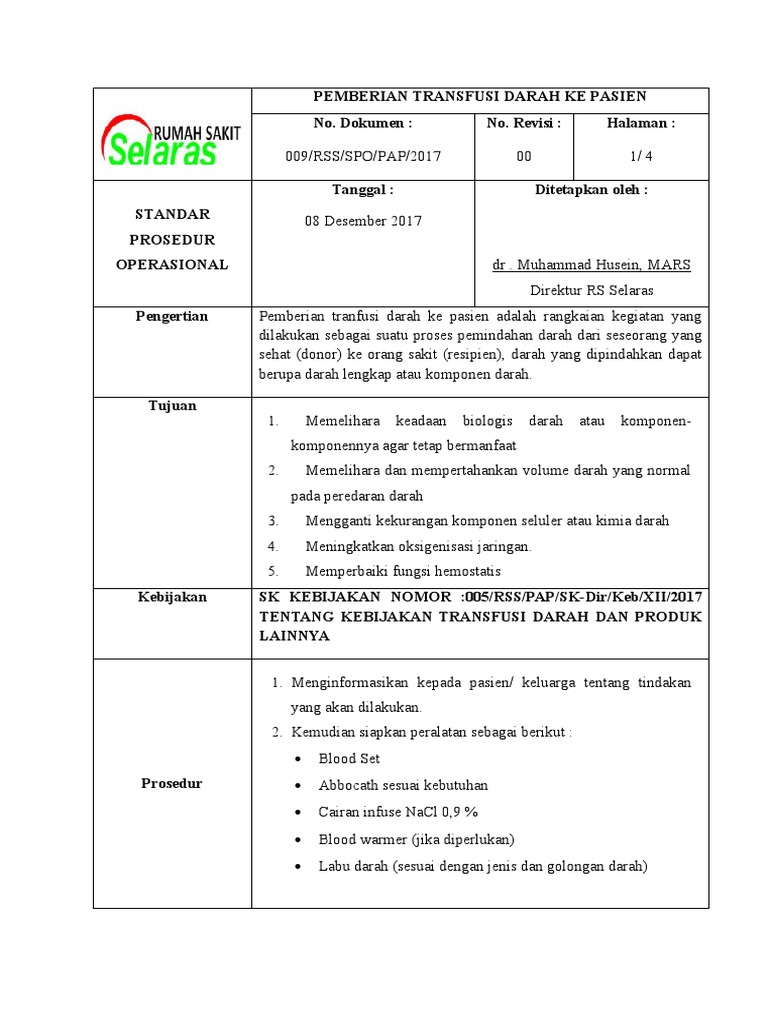Pap 3 3 Sop Pemberian Transfusi Darah Ke Pasien | PDF