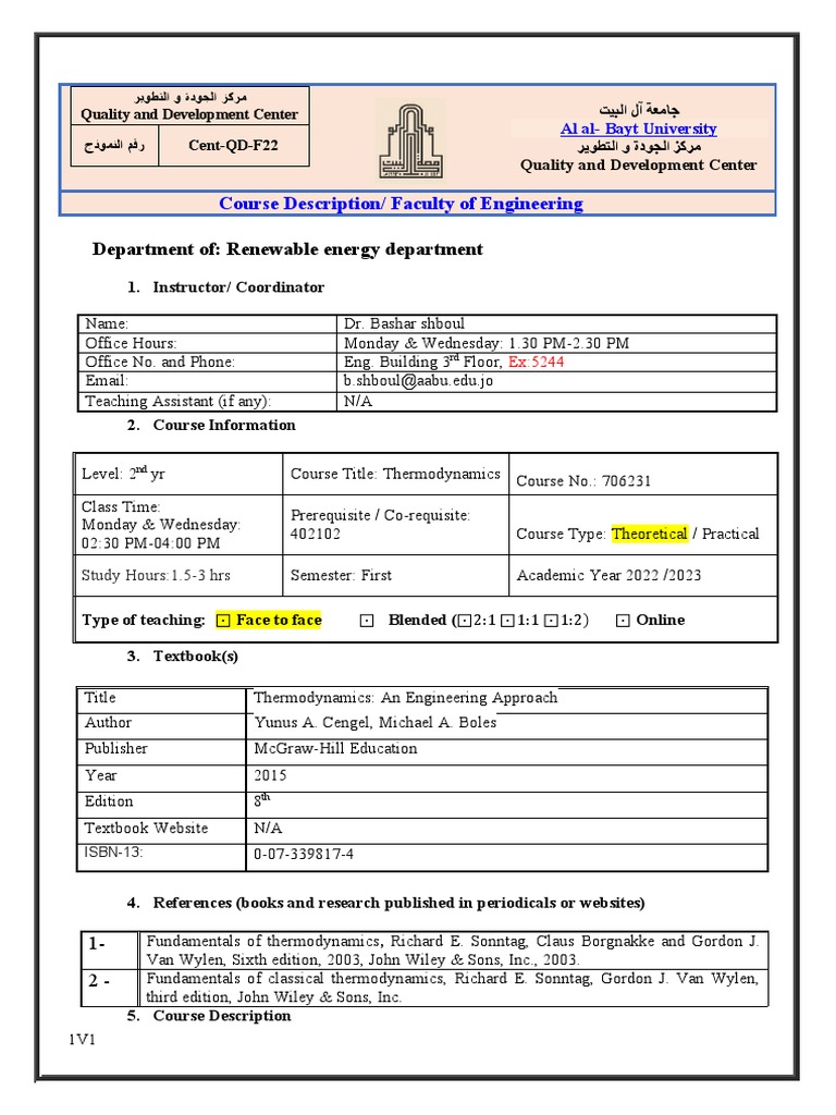 Thermodynamics Course Syllabus | PDF