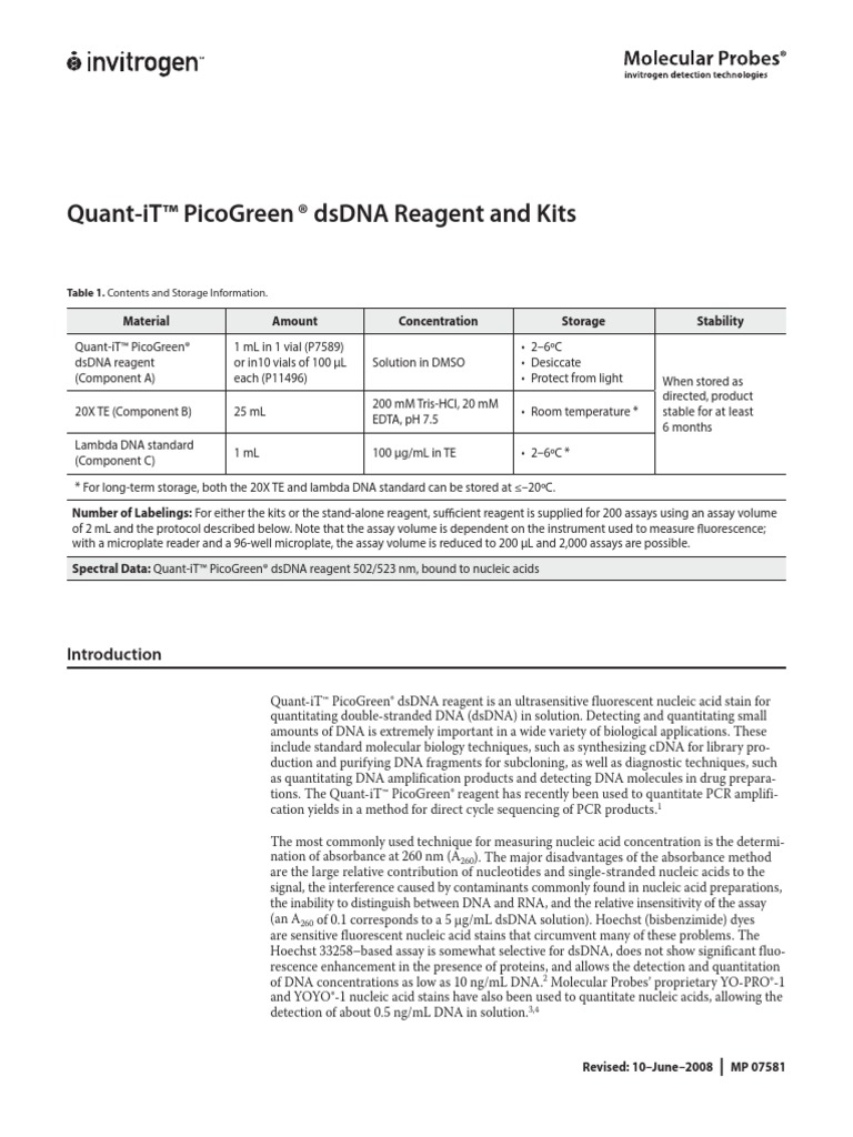 Quant-iT PicoGreen DsDNA Reagent and Kits | PDF | Dna | Chemical Compounds