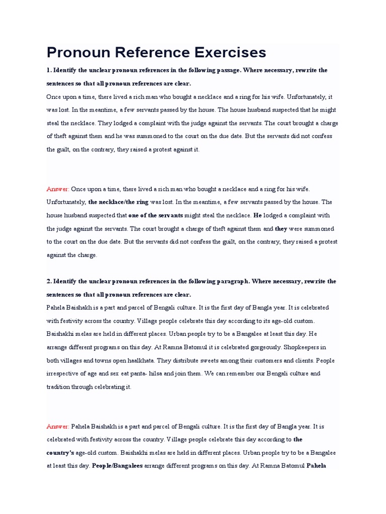 Pronoun Reference Exercises | Download Free PDF | Table Of Contents Pronoun Reference Exercises | Download Free PDF | Table Of Contents