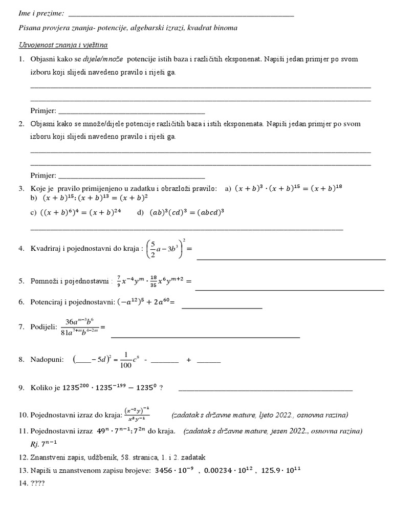 Ogledni Primjer 1. Testa | PDF